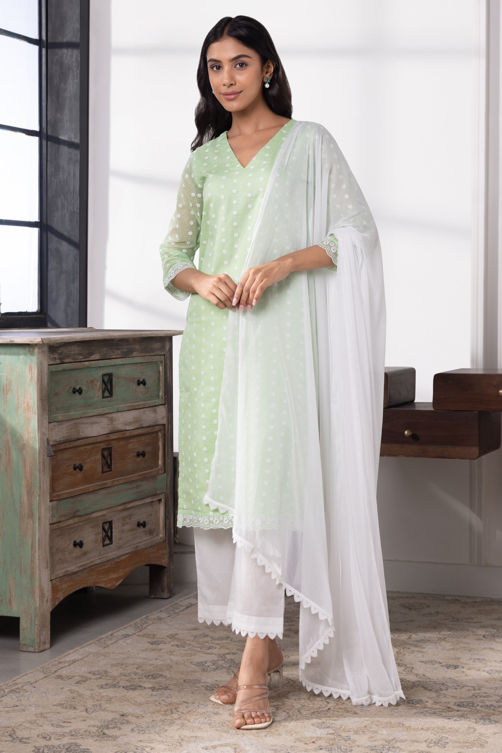 Freya Green Kota Kurta Set with Dupatta