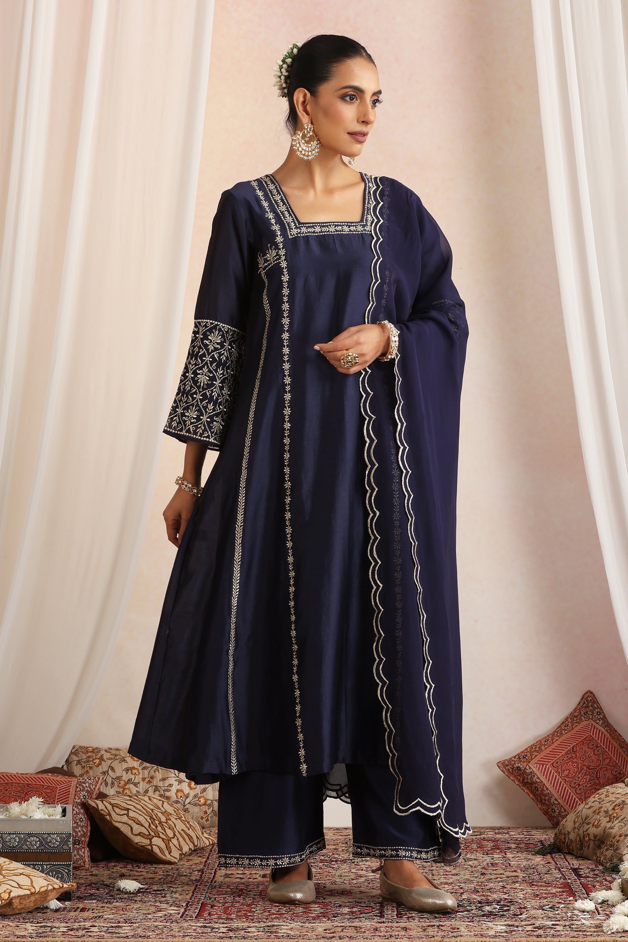 Gulzar Navy Blue Embroidered Kurta Set with Dupatta